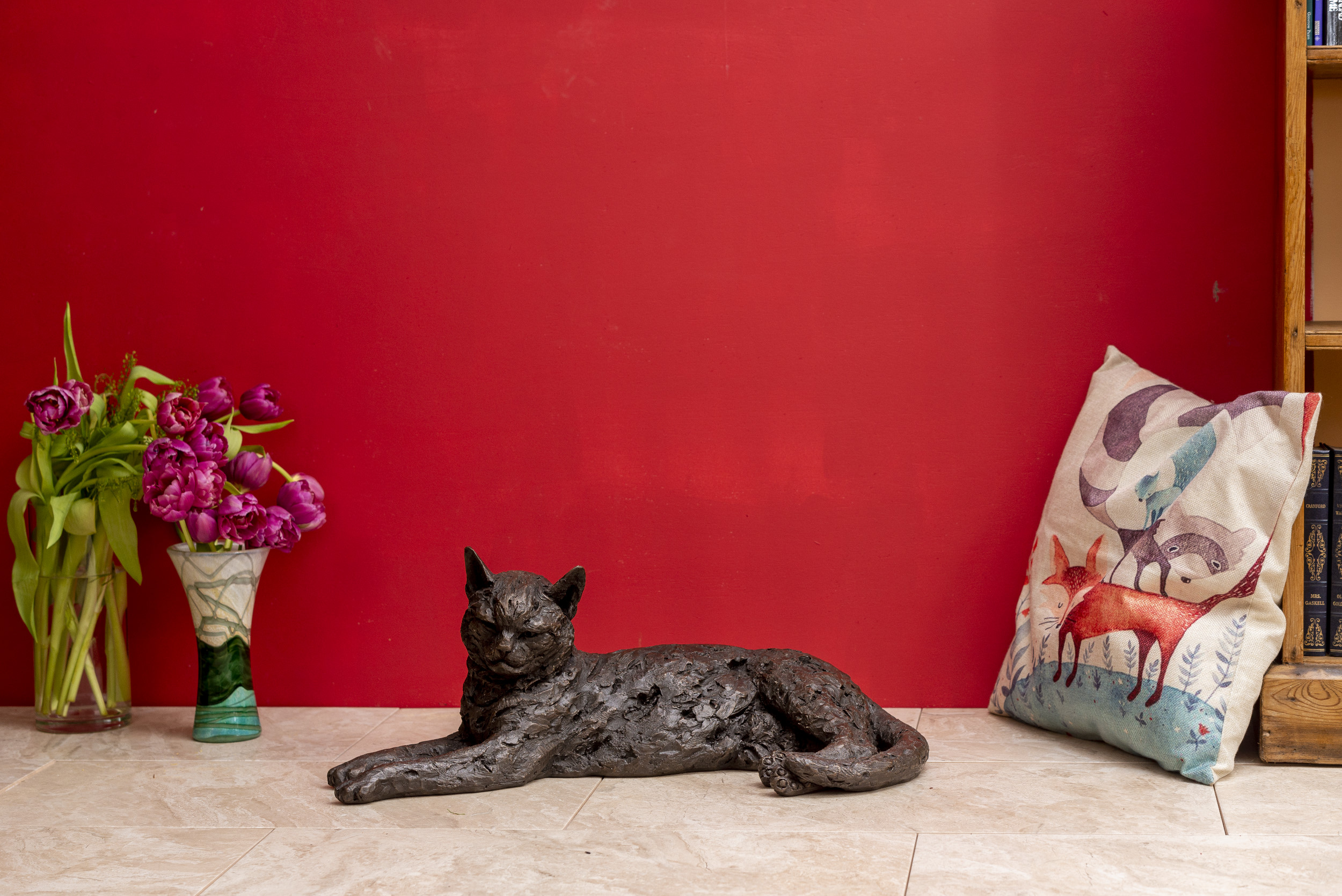 Lying Life Size Cat Sculpture | Outdoor Bronze Cat Statue