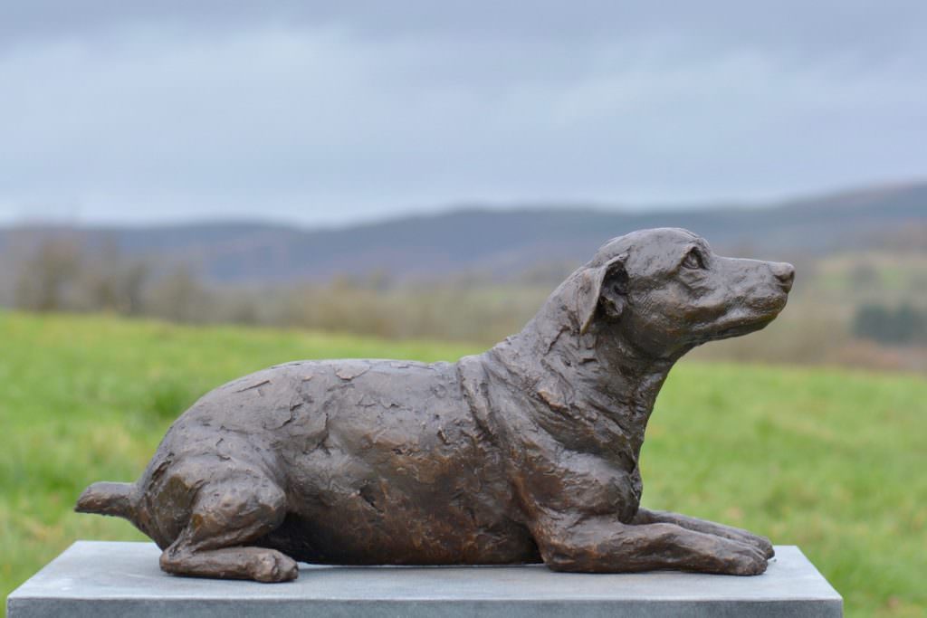 Bronze Lying Jack Russell Terrier sculpture by Tanya Russell