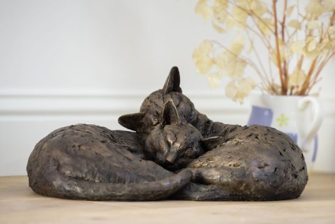 Pair of Lying Cats Sculpture | Bronze Cat Statue | Cat Ornament