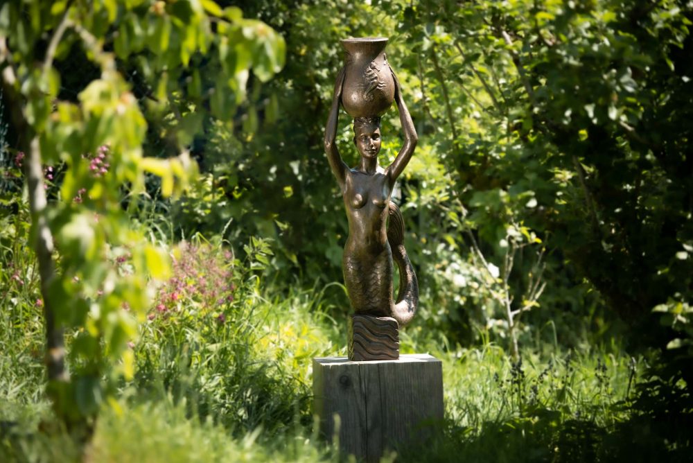 Welsh Mermaid Sculpture | Bronze Mermaid with Urn Garden Statue