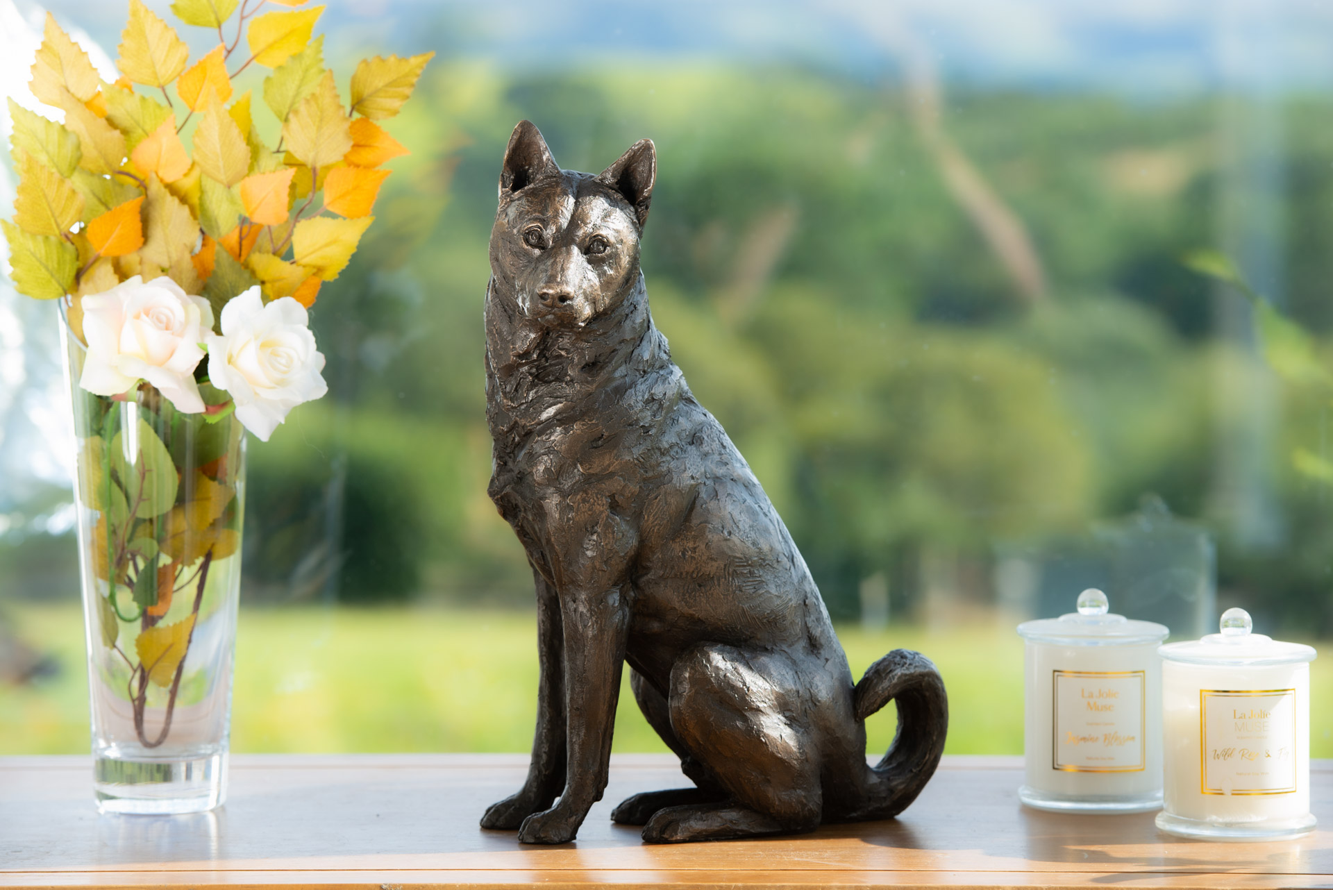 Bronze Sitting Jindo Dog Sculpture | Lifesize Table Jindo Statue